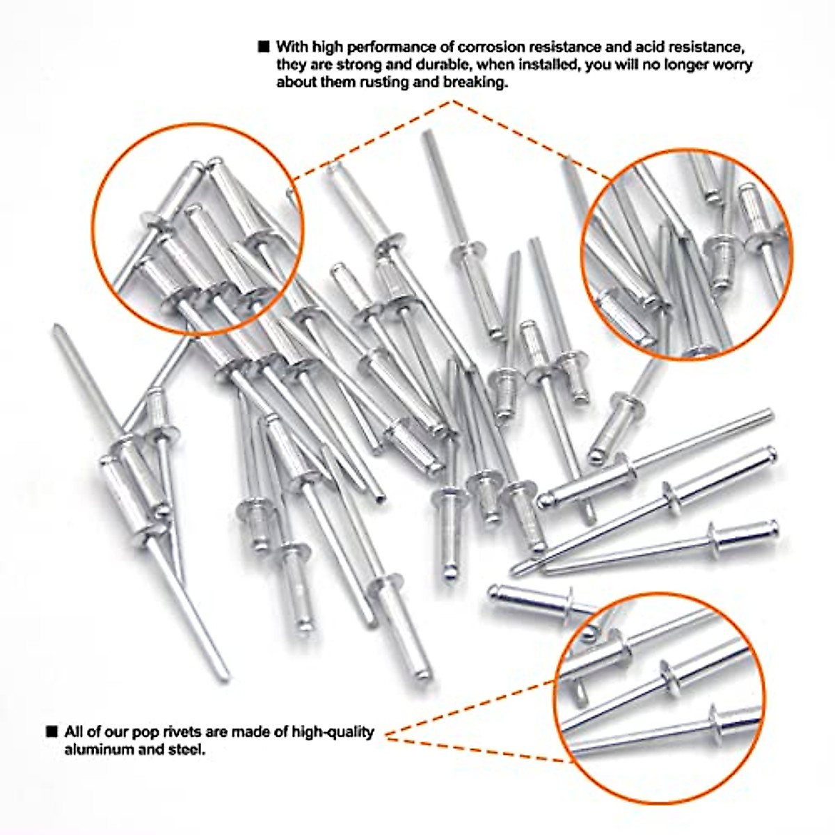 ISPINNER 500pcs 12 Sizes Aluminum Blind Rivets, Pop Rivets Assortment Kit 3/32" 1/8" 5/32" 3/16" 1/4" (Silver)