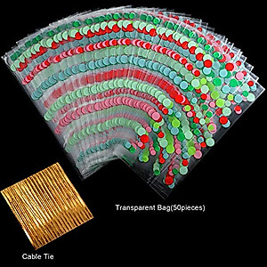 50 Counts 15 x 25 cm Flat Clear Cellophane Treat Bags Block Bottom Pumpkin Halloween Patterned Storage Bags Sweet Bags With 300 Pieces Twist Ties For Halloween Christmas Party Favor (Red Green Dot)