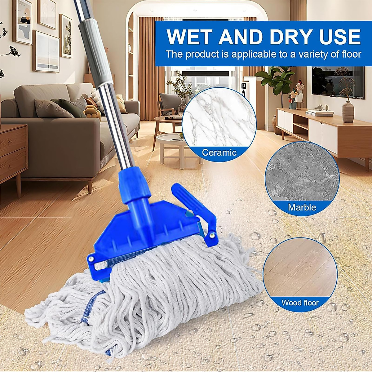 Mop Handle Commercial Heavy Duty - 70 inch Metal Commercial Mop Stick,Side Gate Mop Head Replacement Holder for Floor Cleaning,Clamp Mop Handle Quick Change for Wet Mop (1)