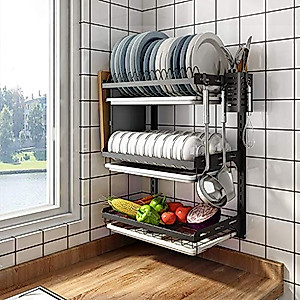 FEHUN Sinks,3-Layer 201 Stainless Steel Kitchen Wall-Mounted Dish Rack Drain Rack with Chopsticks Cage,Kitchen Cutting Board Rack