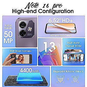 Ulefone Note 16 Pro Mobile Phones (16GB+256GB) Android 13 50MP Camera Octa Core Smartphone Unlocked 6.52” Waterdrop Screen, 4400mAh 4G Dual SIM Fingerprint Face ID GPS OTG, Globla Version- Black
