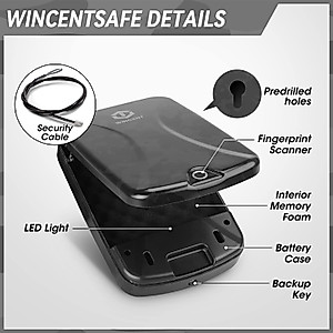 WINCENT Portable Gun Safe Quick Access Gun Safes for Pistols - Biometric Pistol Secure Safe Lock Box with Auto Open Lid & Fingerprints & Key for Car Travel Home - Black Camo