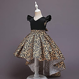 Flower Girl Leopard High Low Tutu Dress for Kids Baby Wedding Bridesmaid Pageant Party Formal Gown Toddler Princess Communion Birthday Dresses with Rainbow Sequins Ears Headwear Khaki 6-7 Years