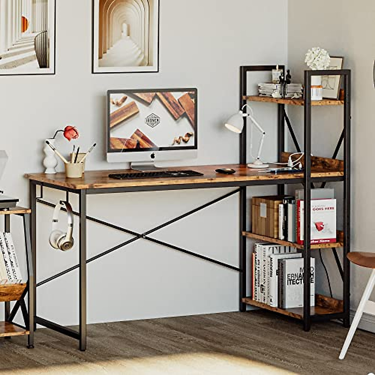 IRONCK Computer Desk 47" with Power Outlet & Storage Shelves, Study Writing Table with USB Ports Charging Station, PC Desk Workstation for Home Office, Rustic Brown