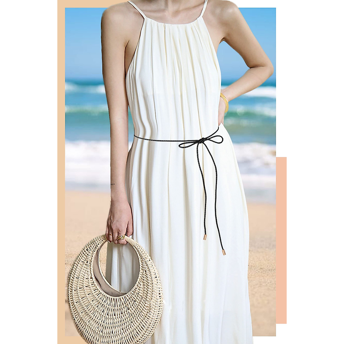 TeeYee Women PU Leather Knitted Waist String Belt/Rope/Chain Long Boho Wrap Skinny Belt (one size, black)