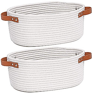 CHICVITA Small Woven Basket for Shelves, Cotton Rope Storage Basket Dog Toy Basket, Empty Gift Basket with Handles, White Toilet Paper Tank, 12 x 8 x 5 inches, 2 Pcs