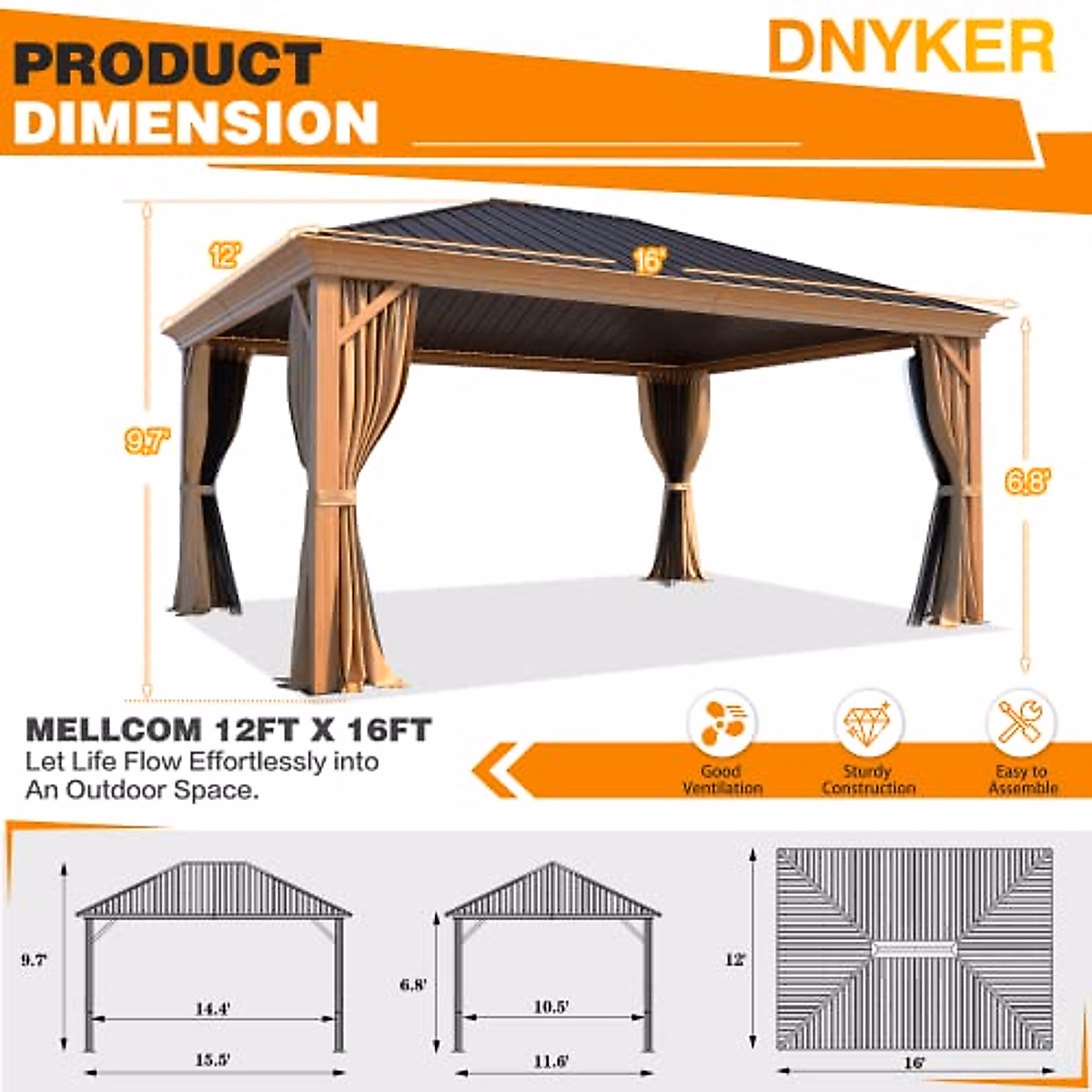 DNYKER Gazebo, Hardtop Gazebo with Curtain and Netting Double Galvanized Iron Surface Single Roof Aluminum Outdoor Gazebo with Aluminum Frame Grill Gazebo,for Garden, Patios, Lawns, Parties 12''x16''