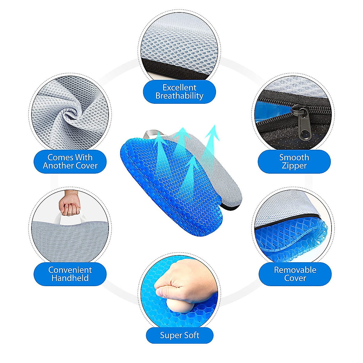 Full Gel Coccyx Seat Cushion Egg Gel Cushions Office Chair Cushion Car Seat Cushion for Back Sciatica Hip Tailbone Pain - Butt Pillow Chair Pad for Wheelchair Desk Pain Relief Long Trips Blue