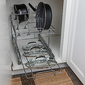 Household Essentials C42617-1 Glidez 2-Tier Pot and Lid Kitchen Cabinet Organizer | 21 in D x 14.1 in W x 16.2 in H | Chrome Wire, Silver