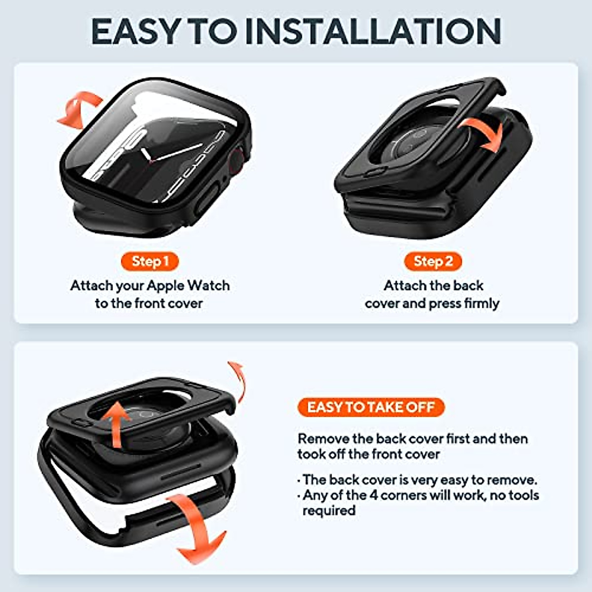 2 Pack 2 in 1 Waterproof Case for Apple Watch Series SE SE2 6 5 4 44mm, Straight Edge PC Front & Back Bumper with Tempered Glass Screen Protector 360 Protective Cover for iWatch (44mm, Black/Black)