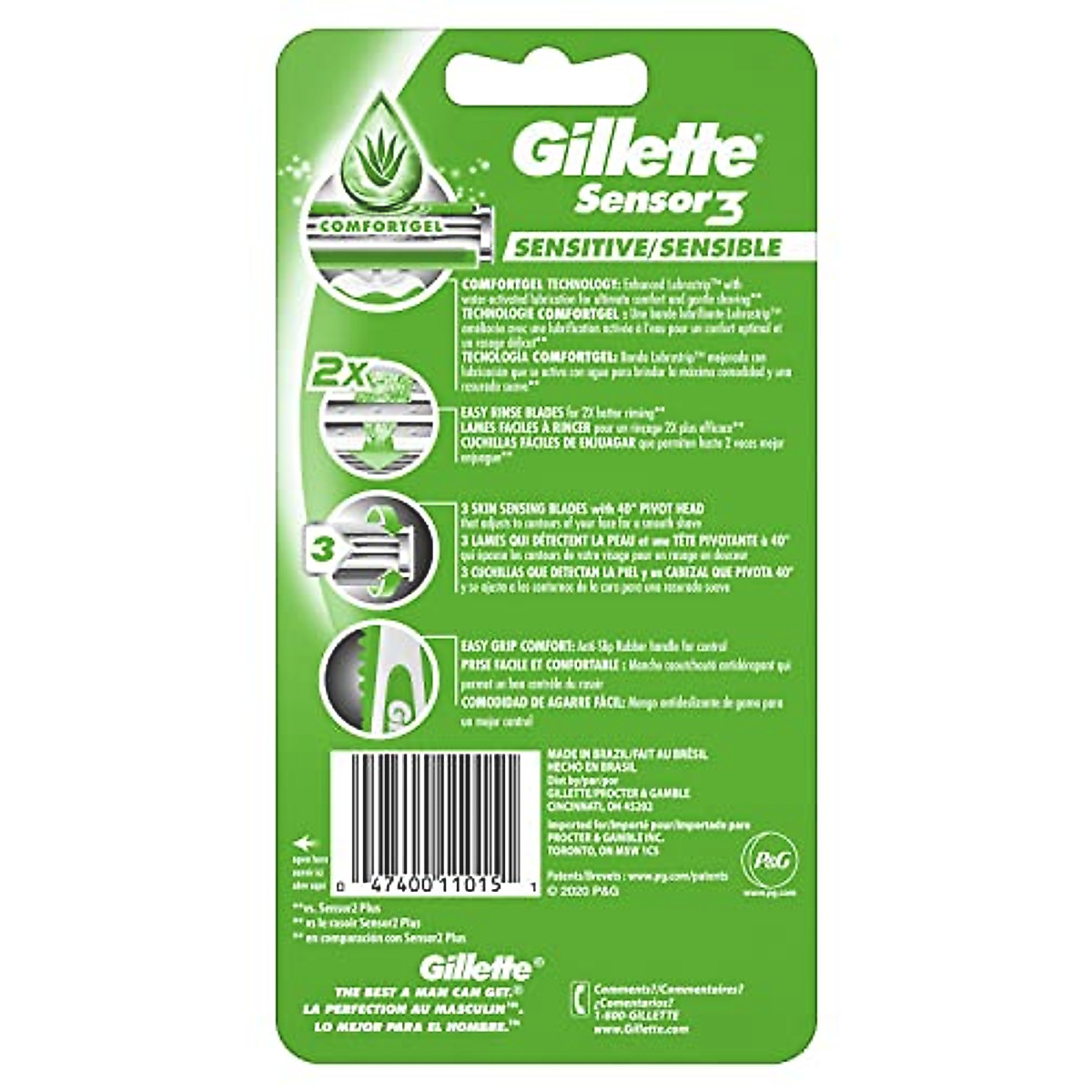 Gillette Sensor3 Sensitive Men's Disposable Razor, 4 Razors