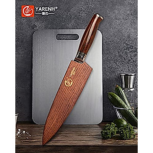 YARENH Chef Knife 8 Inch with Wood Sheath, Japanese Damascus High Carbon Stainless Steel, Full Tang Sandalwood Handle, Professional Kitchen Knife