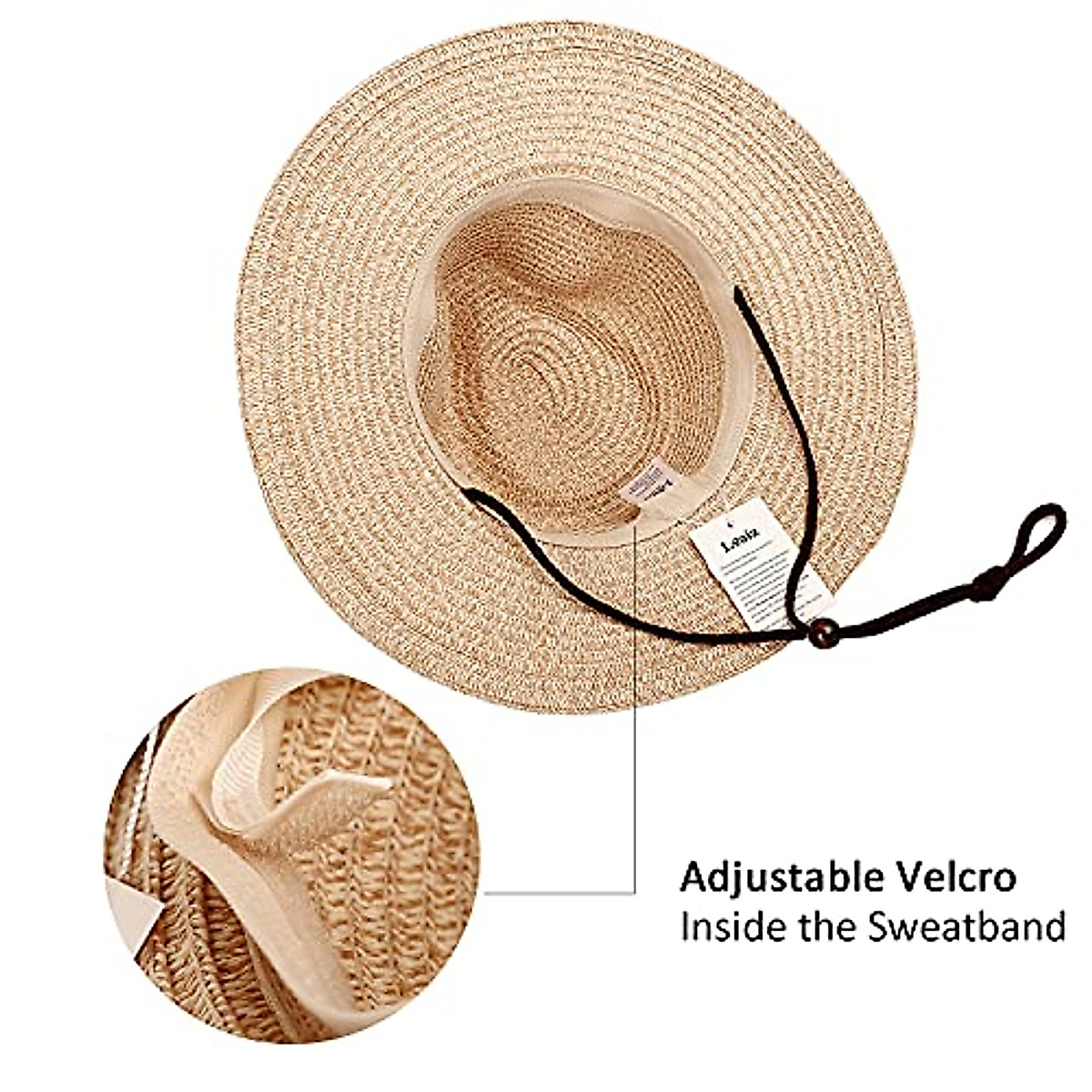 Womens Straw Sun Hat Classic Flat Beach Hat Mens Garden Hat Cowboy Style Hat with Wind Lanyard UPF 50+ Summer Hat Beige