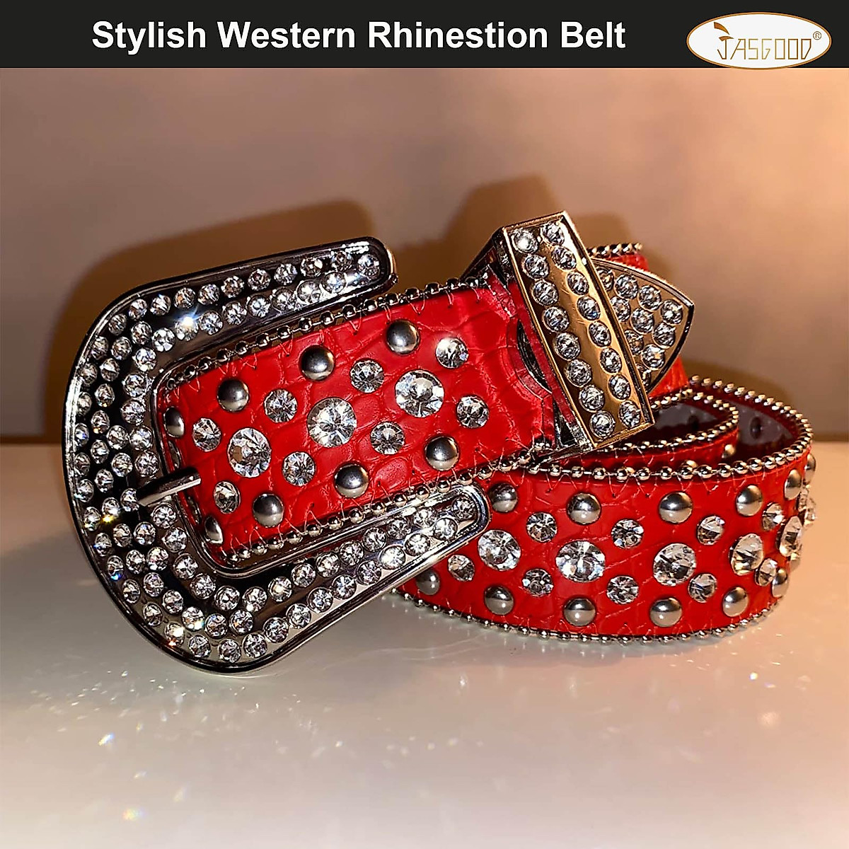 JASGOOD Rhinestone Belt for Women and Men, Western Cowgirl Cowboy Bling Studded Leather Belt Rhinestone Belt for Jeans Pants Dress, C-Red, Suit Pants Size 28”-33”