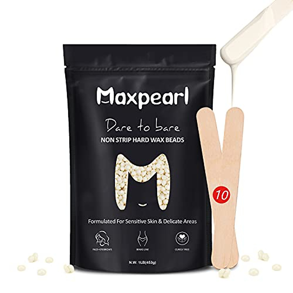 Maxpearl 1lb Hard Wax Beads Refill, Sensitive Skin Friendly Hair Removal Wax Beans, for Delicate Areas - Eyebrows, Face, Armpits, Brazilian Bikini Line, Non Strip Wax with 10 Application Sticks