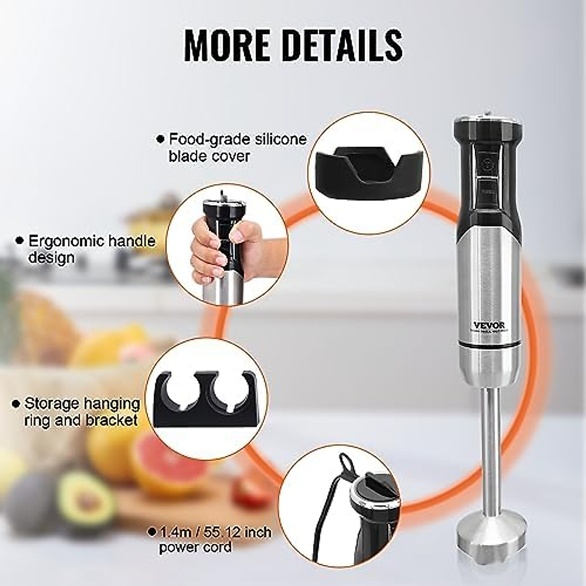VEVOR Immersion Blender, 12-Speed Heavy Duty Immersion Blender, 800W Instantaneous PowerStainless Steel Blade Copper Motor Hand Mixer, Portable Mixer with Measuring Cup, Whisk, Milk Frother