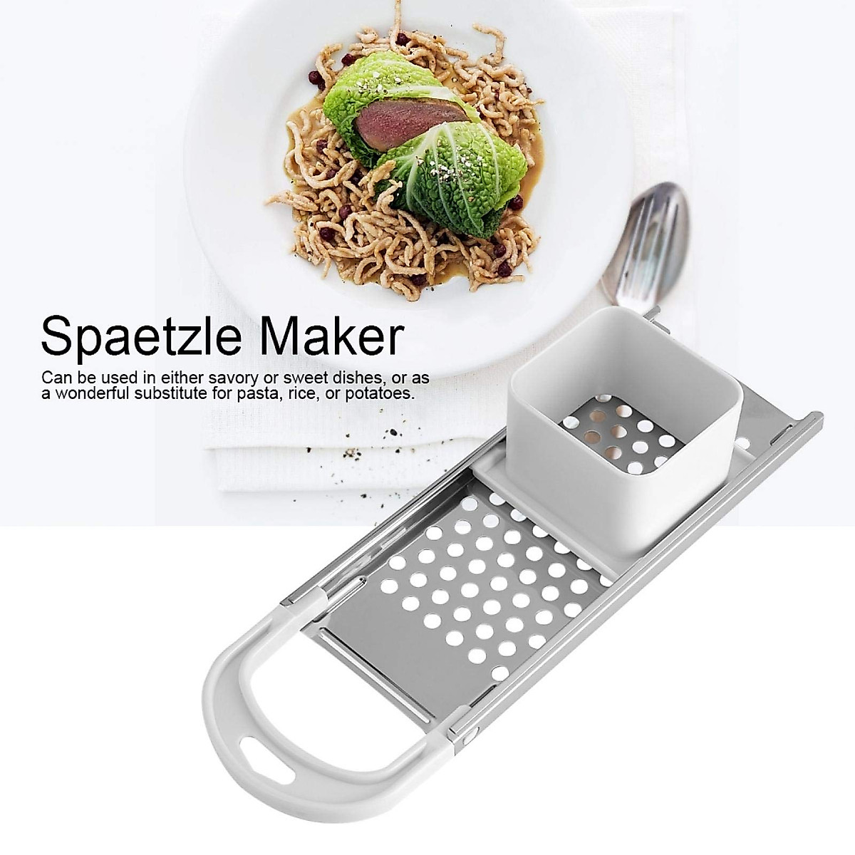 Stainless Steel Spaetzle Maker, Convenient Storage Space Saving Quickly Create Perfect Even Spots Savoury Sweet Dishes Great Substitute for Pasta Rice Potatoes