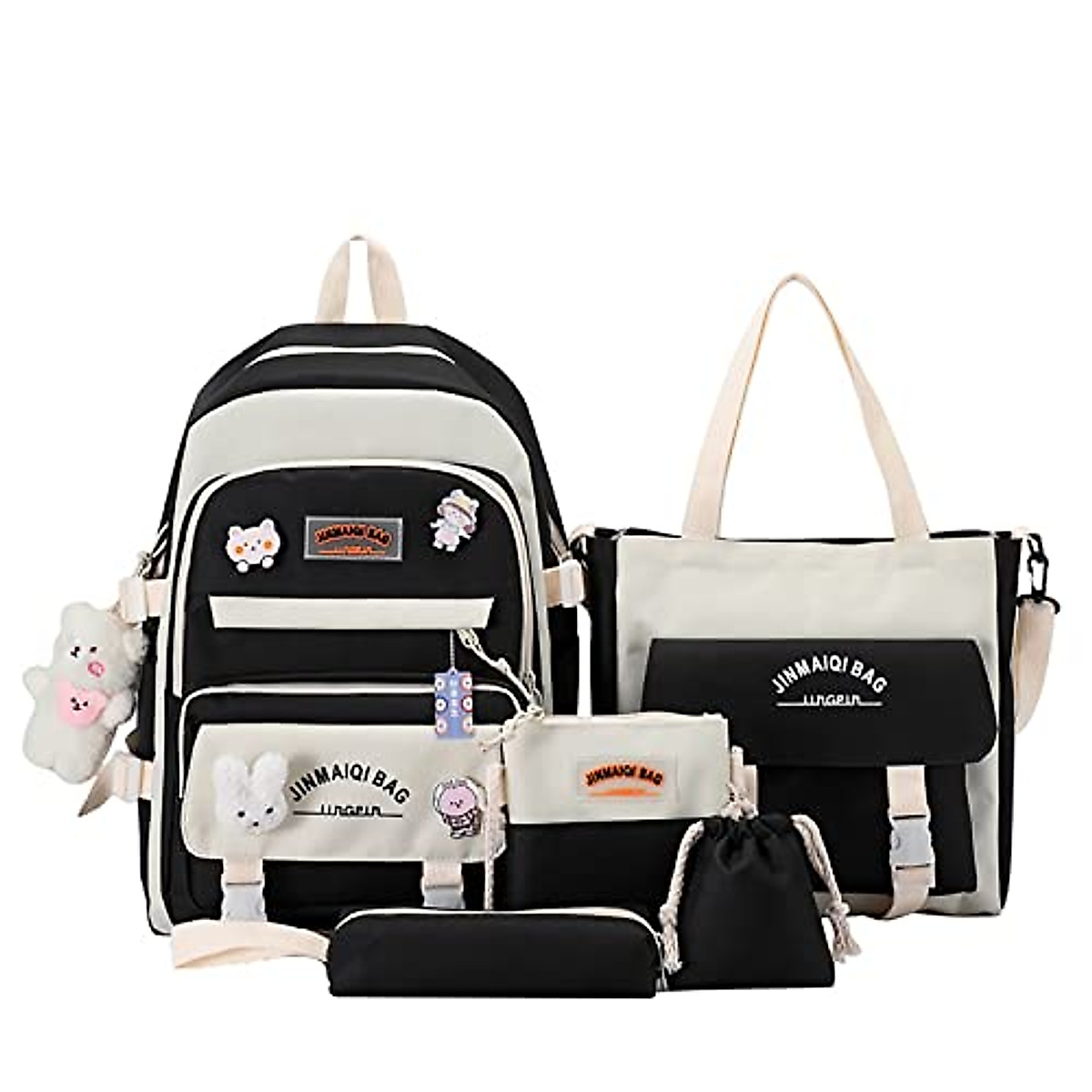 YGYCF Kawaii Backpack 5Pcs Set for Student with Cute Bear Accessories - School Bags for Teen Girls Back to School Supplies Essentials Aesthetic Bookbag, B Black