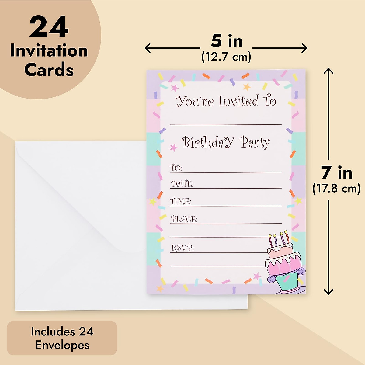 Juvale 24 Pack Birthday Invitations for Girls, Fill-In Invite Cards with Envelopes, Confetti Design (5x7 in)
