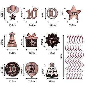 Happy 10th Birthday Hanging Swirls Streams Ceiling Decorations, Celebration 10 Foil Hanging Swirls with Cutouts for 10 Years Old Rose Gold Birthday Party Decorations Supplies