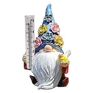VIVICOMFY Resin Gnome Solar Rian Gauges,Resin Gnome Garden Statue with a Glass Rain Gauge,Hand Painted Gnome Sculpture Water Gauge for Garden Patio,Outdoor Solar Gnome Statue with Rain Gauge