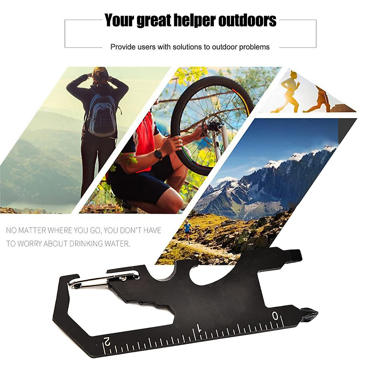 High Strength Measuring Rule Carabiner Tool, Mini Portable Multifunctional Screwdriver Keychain, Slim Design Fits in Your Pocket, Survival Credit Card Multitool Cool Gadget Gifts for Men Women Black