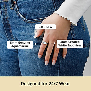 MAX + STONE Cushion Cut Blue Aquamarine Three Stone Ring for Women in 10k White Gold with Created White Sapphire Accents and March Birthstone Size 6