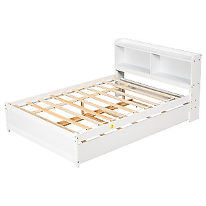 Bellemave Full Size Bed Frame with Trundle,Captain’s Bed Full with Bookcase Headboard,Wooden Platform Bed Trundle Bed for Kids, Teens(Full,White)