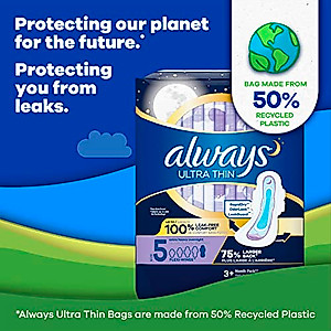 Always Ultra Thin Feminine Pads for Women, Size 5, Extra Heavy, Overnight Absorbency with Wings, 46 Count x 2 Pack (92 Count total)