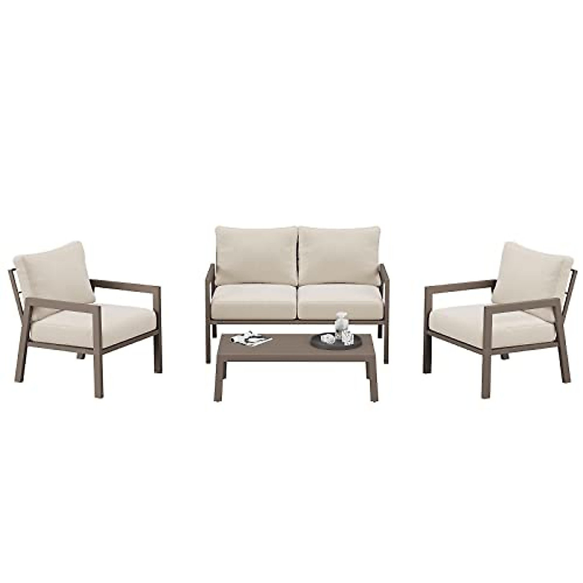 Bella Villa Patio Furniture Set - 4 Piece Outdoor Metal Frame All-Weather Sofa Set with 1 Loveseat 2 Patio Chairs, 1 Coffee Table for Lawn, Backyard, Deck, Garden (White)