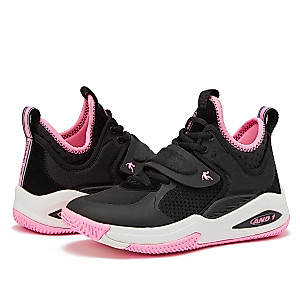 AND1 Gamma 4.0 SS Boys & Girls Basketball Shoes, Kids Youth Cool Basketball Sneakers with Strap - Black/White/Dark Pink, 6 Big Kid