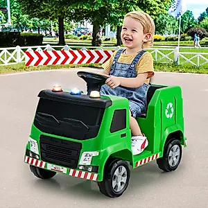 Costzon Ride on Car, 12V Battery Powered Recycling Garbage Truck w/Remote Control, Warning Lights, Music, Horn, 6 Recycling Accessories, Ride on Truck Toy for Kids 3-8 Years Old (Green)