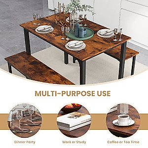 IFANNY Dining Table Set with 2 Benches, Industrial Kitchen Table & Chairs with Metal Frame, Space-Saving Breakfast Nook Table Set, 3 Piece Dinette Set for Farmhouse, Bar, Restaurant (Brown)