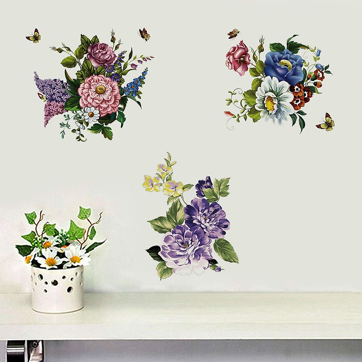 3Pcs Peony Rose Lavender Butterfly Flower Wall Stickers Beauty Flowers Decals Self Adhesive Removable Waterproof Vinyl Art Murals for Living Room Bedroom Toilet Restroom House DIY Decoration (Style D)