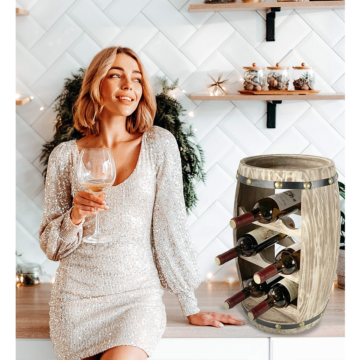 COTA Global Modern Alexander Wine Rack - Freestanding Wooden Barrel Wine Holder for 8 Wine Bottles, Bottle Rack Floor Stand, Rustic Countertop Wine Storage Shelf Organizer for Wine Bar & Home Décor