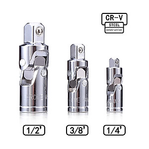 3PCS Universal Joint Socket Set, Chrome Vanadium Steel Swivel Socket Adapter Set, 1/4IN, 3/8IN, 1/2IN Drive Universal Joint Set