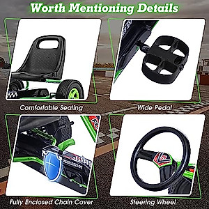 HONEY JOY Go Kart for Kids, 4 Wheel Quad Off-Road Pedal On Foot Go Cart w/Steering Wheels & Adjustable Seat, 2 Safety Brakes, EVA Rubber Tires, Clutch, Outdoor Racer Ride On Pedal Car (Green)