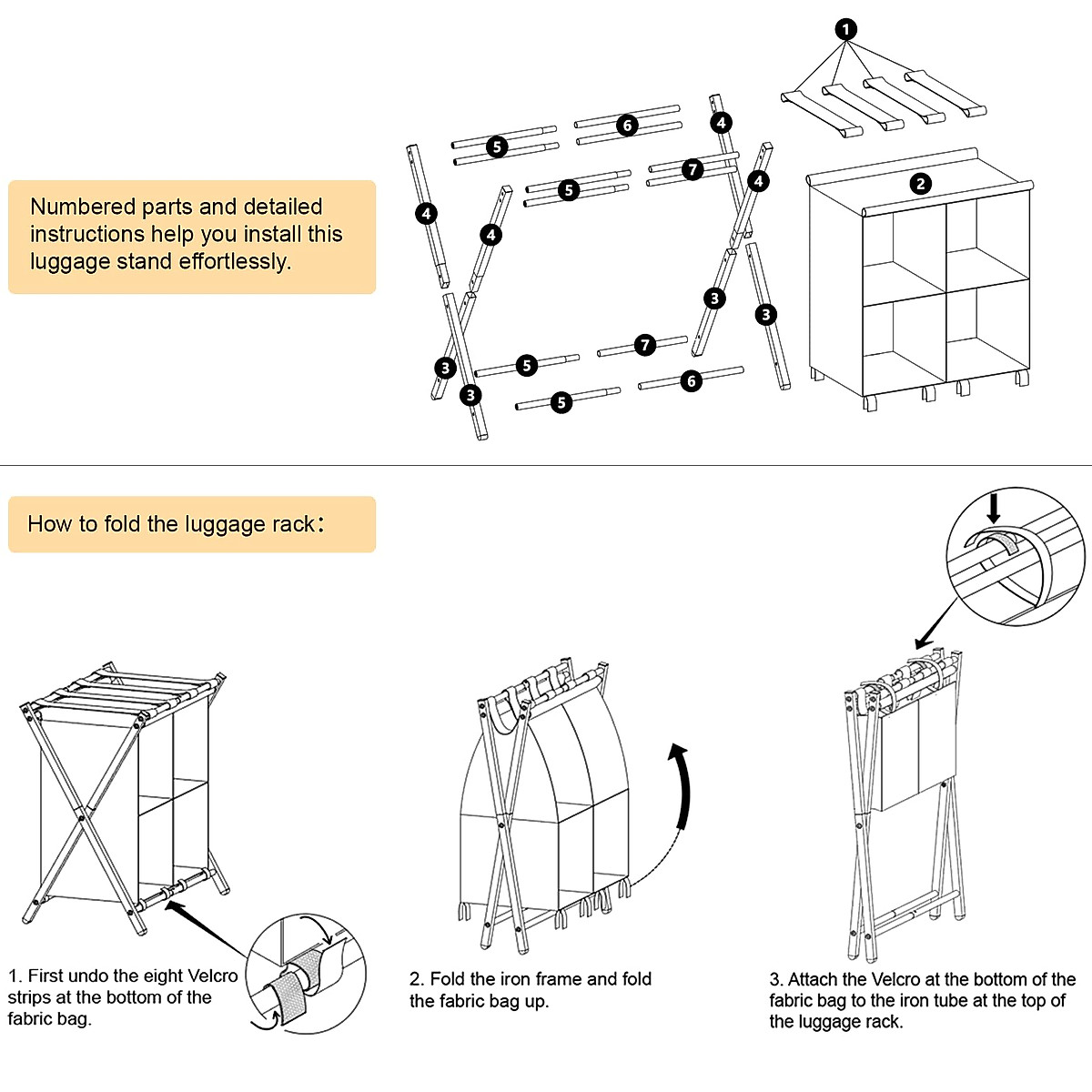 aboxoo Luggage Rack with storage, Guest Room Folding Suitcase Stands, Holds up to 120 lb, Space Saving Suitcase Holders for guest room, Bedroom Hotel, Black