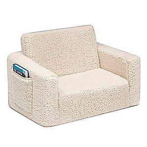 Delta Children Cozee Flip-Out Sherpa 2-in-1 Convertible Chair to Lounger for Kids, Cream