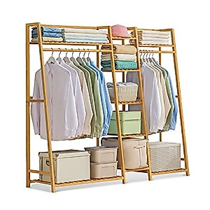 MoNiBloom Bamboo Trapezoid Clothing Rack with 5-Tier Storage Shelves Multi-Functional Clothes Rack, Clothes Hanging Rack Stand for Bedroom Living Room, Natural