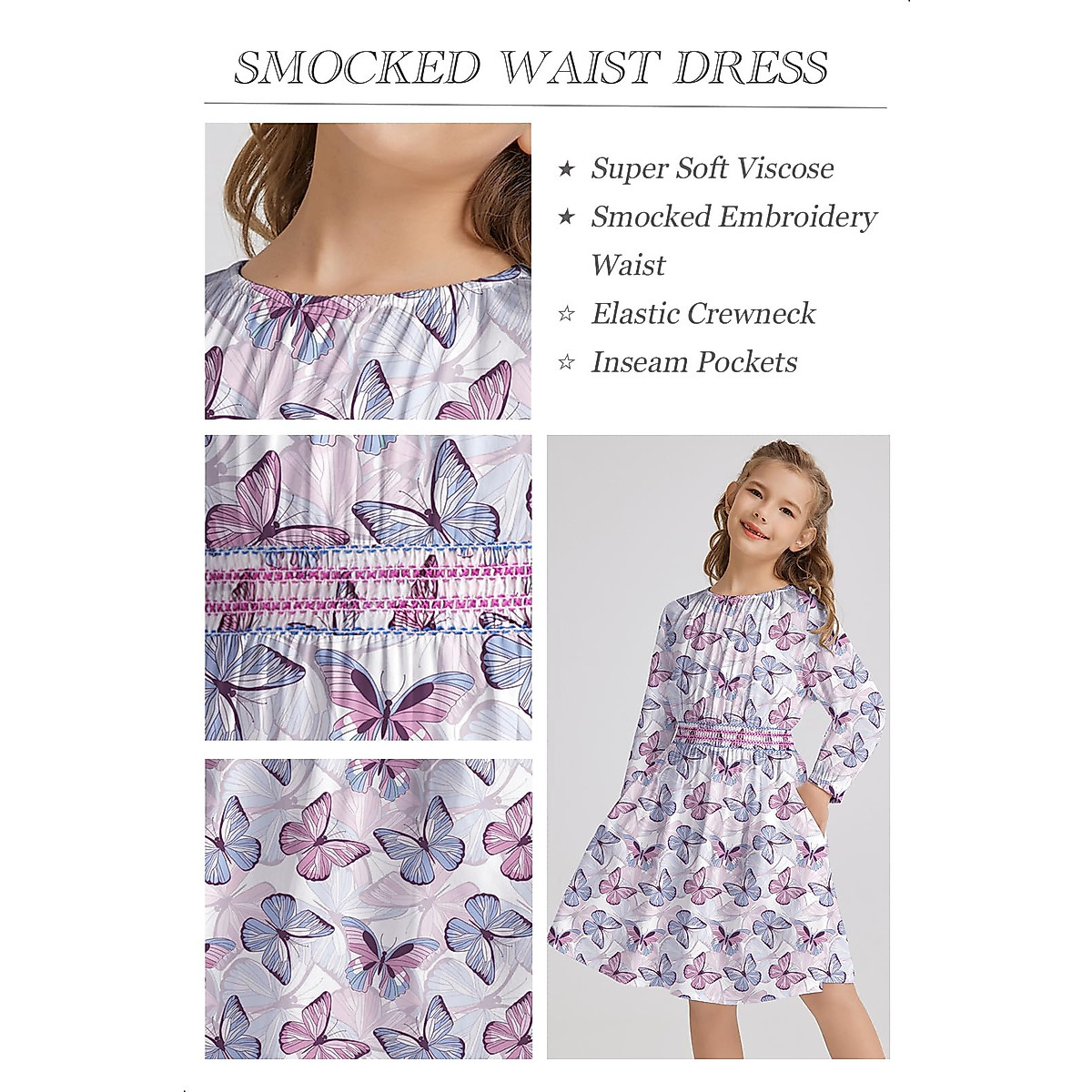 tiny sugar Girls Floral Smocked Waist Dress Church Holiday Playwear Soft Midi Dress with Pockets Butterfly-7y