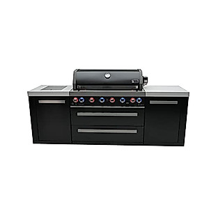 Mont Alpi MAi805-BSS 44-inch 6-Burner 115000 BTU Deluxe Black Stainless Steel Outdoor Kitchen Gas Island Grill w/ Infrared Side Burner & Rotisserie Kit Granite Countertop + Storage Cabinets & Weather Cover