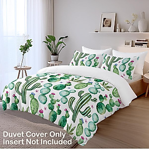 ARIGHTEX Green Cactus Pattern Bedding Sets Watercolor Cactus Collection Duvet Cover 3 Pieces Tropical Plant Bedspread Hand Painted Design Home Decor (Twin)