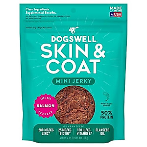 Dogswell Jerky Skin and Coat – Mini Salmon Jerky Dog Treats with Dog Skin & Coat Support (4 oz. Salmon)