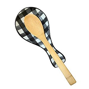 YLF Collections Buffalo Plaid Spoon Rest & Spoon Set, Large Black & White Spoon Rest with Bamboo Spoon, 10.25x4.9x1