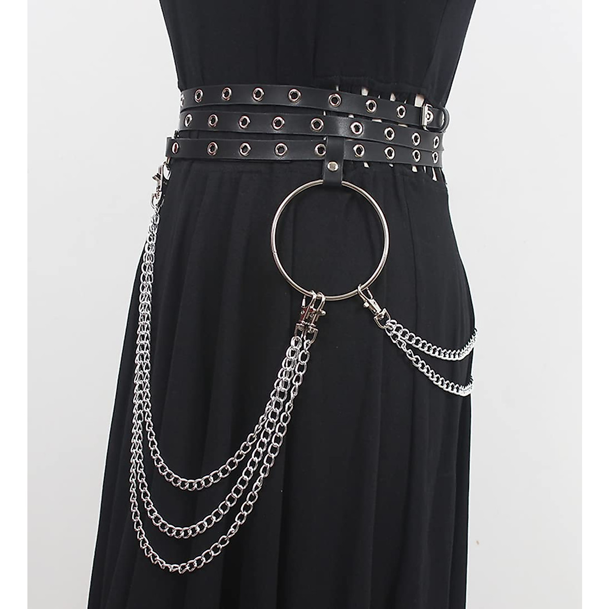 HUI GUO Women's Gothic Body Chain Belt Leather Punk Waist Belt with O-ring Metal Chain Tassel Adjustable Buckles(Black3), One Size