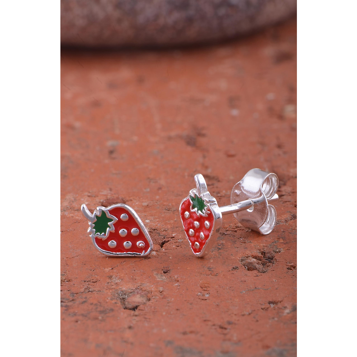 Sterling Silver Small Womens Fruit Red Strawberry Push Back Stud Earrings - Fruit Gifrts For Ladies Mom Wife 0.31in