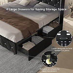 HOMBCK Queen Bed Frame with 4 Storage Drawers,Upholstered Bed Frame with Diamond Headboard and Footboard, Black Velvet Bed Frame with Wingback, Solid Wood Slats, Black