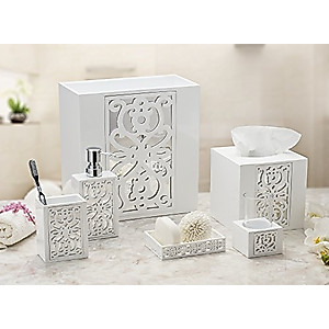Creative Scents White Bathroom Accessories Set Complete - 6 Piece Bathroom Set Includes: Soap Dispenser, Toothbrush Holder, Tumbler Cup, Soap Dish, Tissue Cover, and Wastebasket Mirror Janette Style