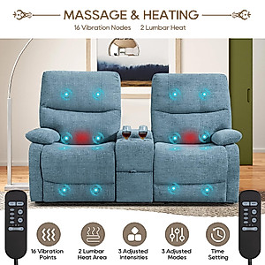PALLOME Loveseat Recliner Sofa, Reclining Couch, Manual Recliner Loveseat with Console, Double Recliner RV Sofa with Cup Holders and Side Pocket for Living Room/Office/Apartment (Fabric-Blue)